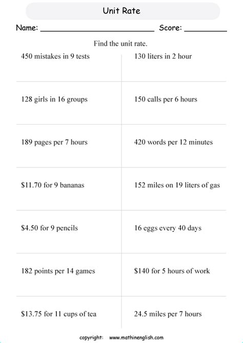Unit Rate Practice Worksheet