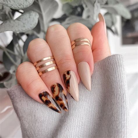 Tortoise Shell Nails 2025 Nude And Brown Almond Nails With Patterned