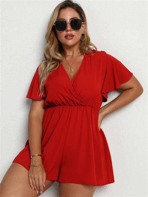 Plus Surplice Neck V Back Romper Plus Size Jumpsuit Rompers Guest