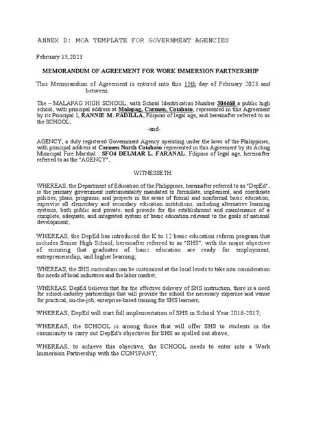 Annex D Moa Template For Government Agencies Memorandum Of Agreement For Work Immersion