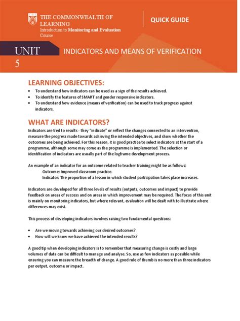 Unit 5 Quick Guide Indicators And Means Of Verification Pdf