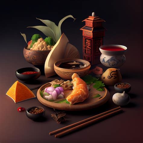 Ilustración De Renderizado 3d De Composición De Comida Asiática Tradicional Foto Premium