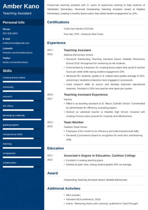 Teaching Assistant Ta Cv—template Examples Tips