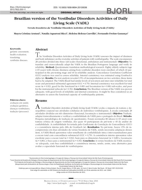 Pdf Brazilian Version Of The Vestibular Disorders Activities Of Daily