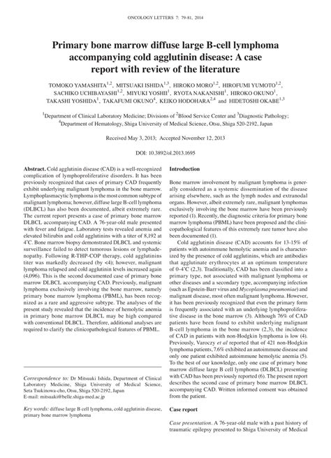 PDF Primary Bone Marrow Diffuse Large B Cell Lymphoma Accompanying Cold Agglutinin Disease A