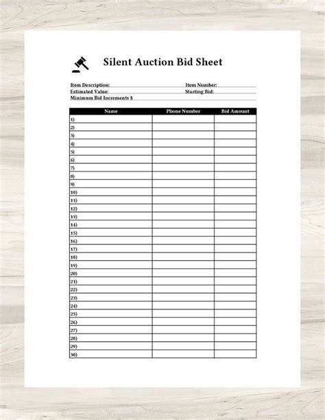 Printable Silent Auction Bid Sheet Great For Charity School Fundraisers