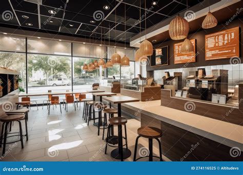 Fast Food Restaurant With Modern Interior Design Lighting And Seating