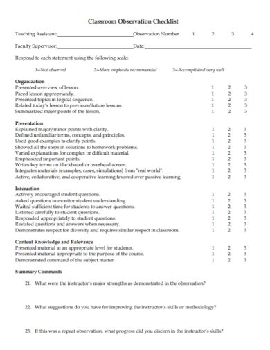 Free 10 Classroom Observation Checklist Samples Behavior Management