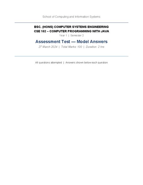 Cse 102 Computer Programming With Java Year 1 Assessment Test Answers
