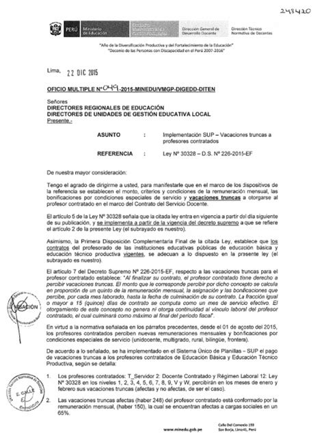 Oficio Múltiple 049 2015 Diten Pago De Vacaciones Truncas Personal Contratado Pdf