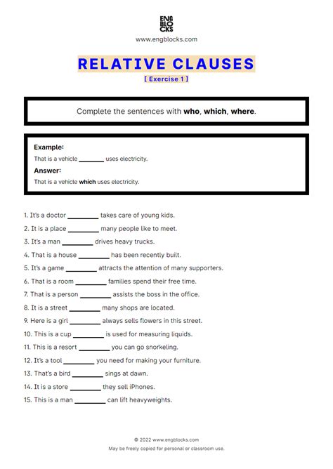 Relative Clauses — Exercise 1 Esl Worksheets