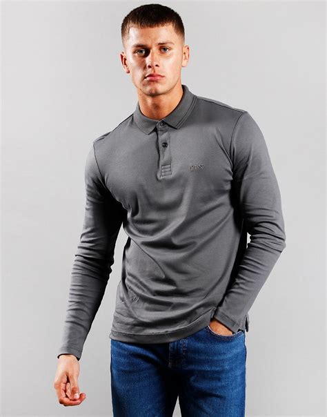 Boss Pirol Long Sleeve Polo Shirt Dark Grey Terraces Menswear