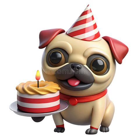 Adorable Pug Wearing A Party Hat Holds A Birthday Cake With A Lit Candle Stock Image