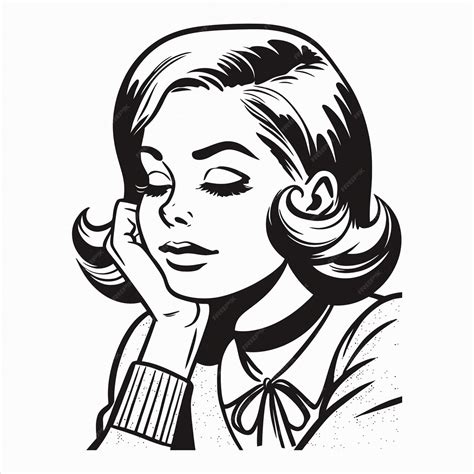 Premium Vector Vintage Retro Woman Daydreaming Simple Line Art Black