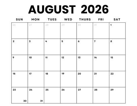 August 2026 Monthly Calendar Printable Minimalist Pdf Sundaymonday
