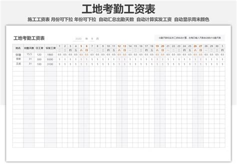 工地考勤工资表 Excel模板 柚墨yomoer