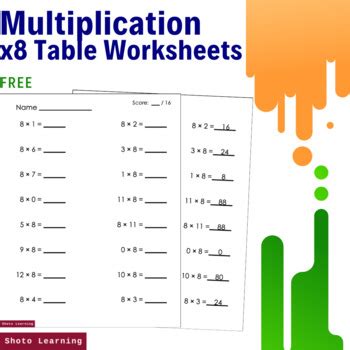 Free 8x Eight Times Multiplication Table Math Problems Worksheets