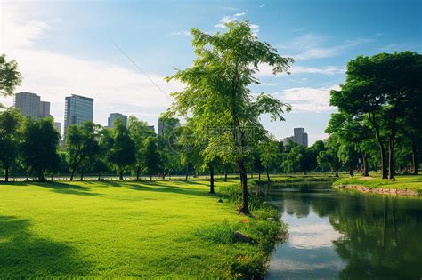 中央公园边的湖畔和草地高清图片下载 正版图片600941782 摄图网