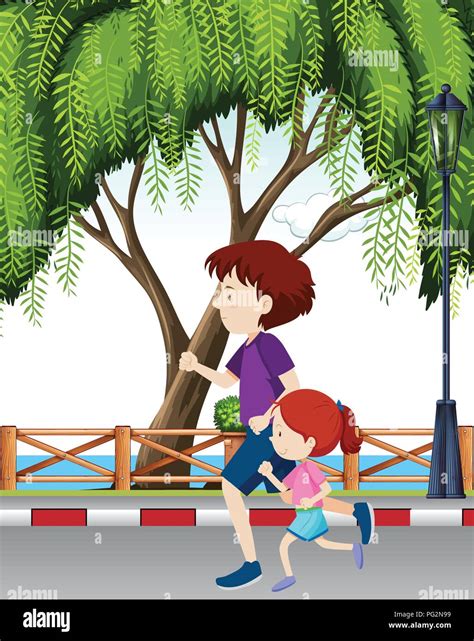 Dad And Daughter Running Through Park Illustration Stock Vector Image