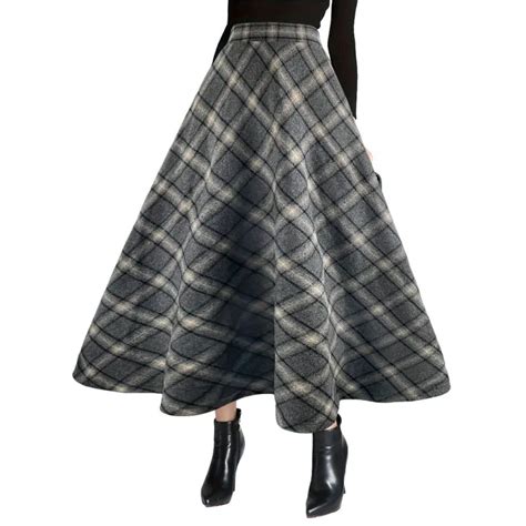 Stock Plaid Tweed Midi Skirt Womens Retro New Mid Length A Line Large