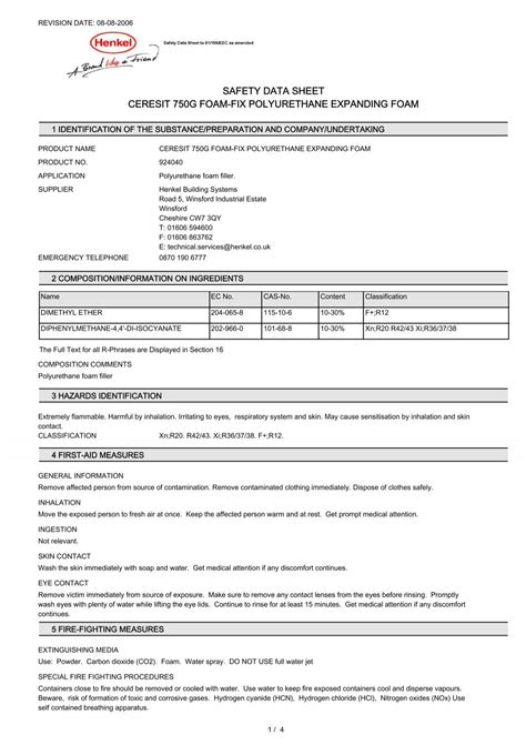 Safety Data Sheet Ceresit 750g Foam Fix Polyurethane Toolbank
