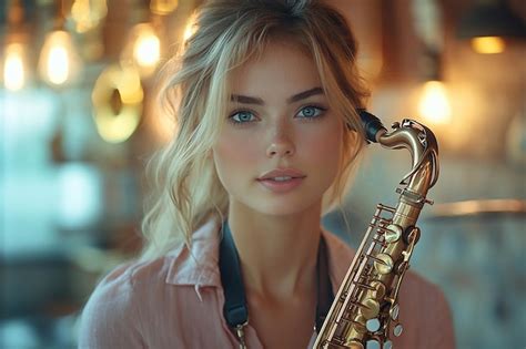 Beautiful Blonde Woman Playing The Saxophone Premium Ai Generated Image