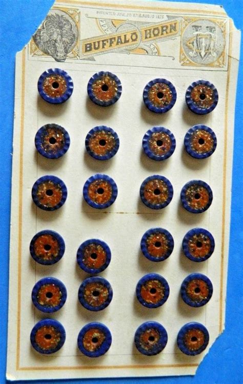 Lot 24 Buffalo Horn Whistle Buttons Blue W Gold Antique Vtg Card Marked 1871 75 Ebay Vintage