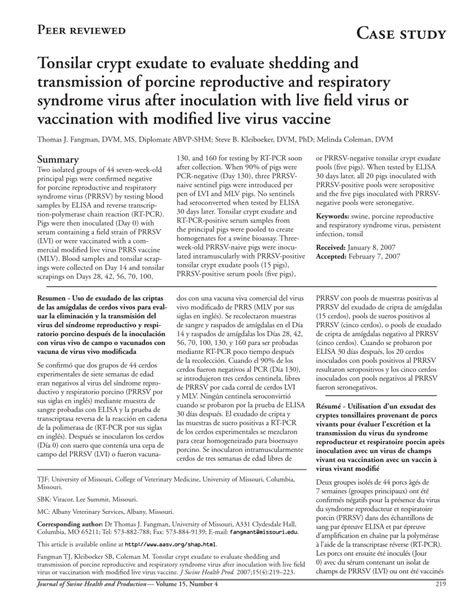 Pdf Tonsilar Crypt Exudate To Evaluate Shedding And Transmission Of Porcine Reproductive And