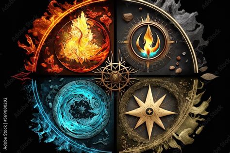 Four Elements Compass Generative Ai Colorful Magical Fantasy Compass Four Elements Earth