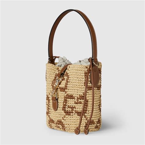 Super Mini Borsa A Secchiello Gg In Tessuto Color Naturale E Marrone