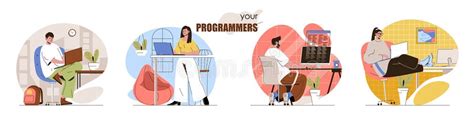Programmers Concept Scenes Set Developers Coding Create Software Or