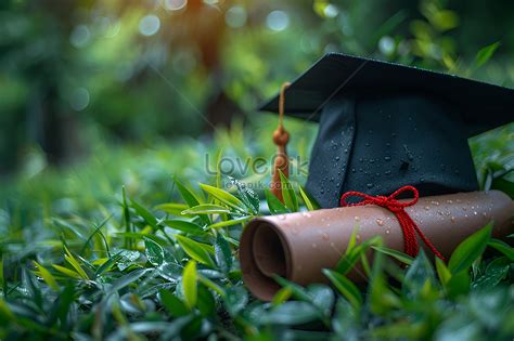 잔디에 졸업 모자