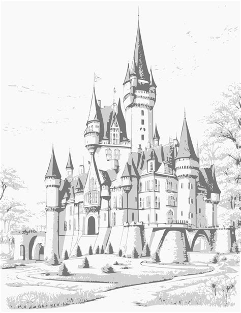 Premium Vector A Black And White Drawing Of A Castle