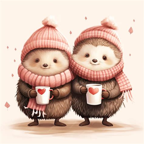 Premium Ai Image Adorable Hedgehog Couple Holding Cup Of Hot Coco
