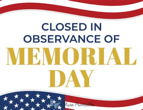 Printable Closed In Observance Of Memorial Day Sign