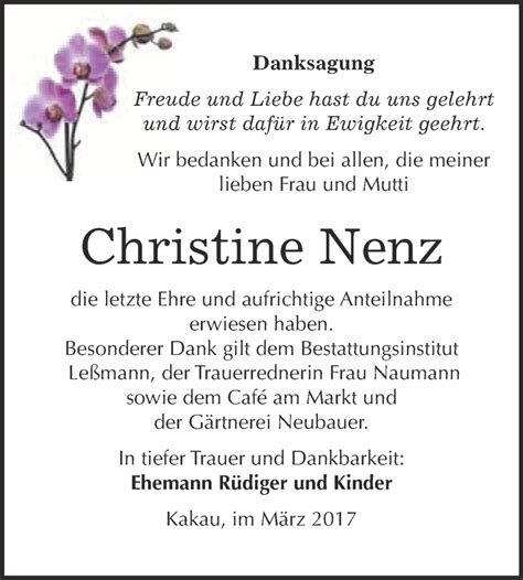 Traueranzeigen Von Christine Nenz Abschied Nehmende