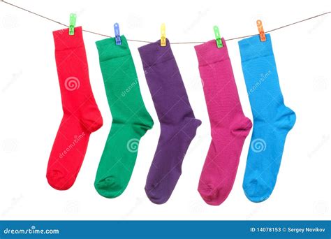 Five Different Color Socks Hang On Rope Stock Image Image Of Graft