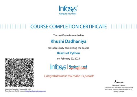 Completed Python Basics Course From Infosys Springboard Khushi