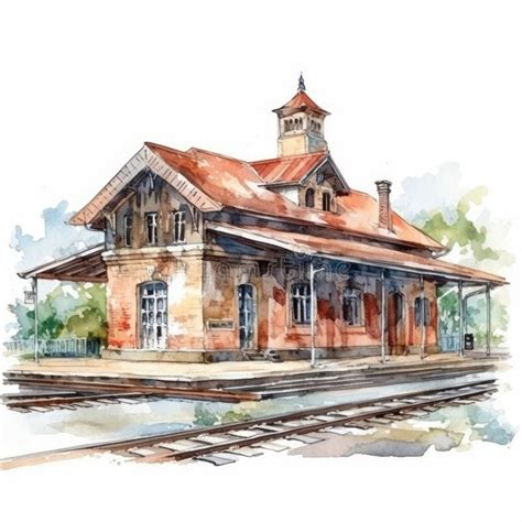 Vintage Railroad Station Watercolor Clipart On Clean White Background
