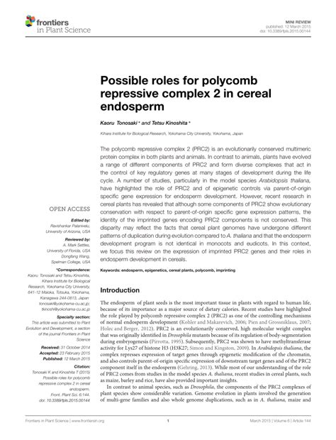 Pdf Possible Roles For Polycomb Repressive Complex 2 In Cereal Endosperm