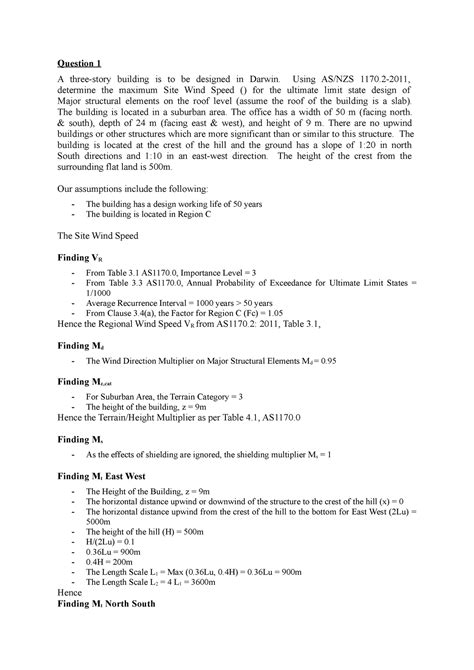 Wind Assignment Question 1 A Three Story Building Is To Be Designed In Darwin Using As Nzs