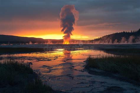 Sunset Illuminates Old Faithful Geyser Eruption In Yellowstone National