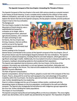 Spanish Conquest Of The Inca Reading Comprehension Passage And Questions