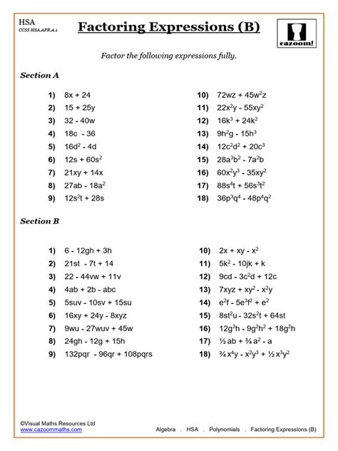 Algebra Factorisationfactoring Expressions B Us Pdf