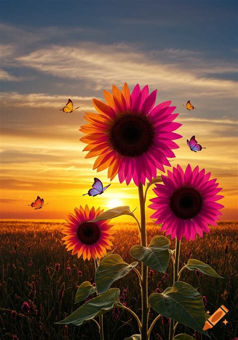 Three Vibrant Multi Color Sunflowers Stand In A Field With Butterflies