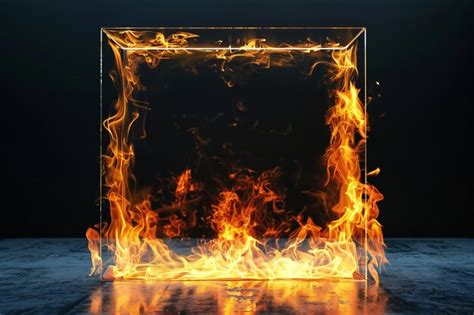 Premium Photo Empty Glass Frame With Fire On Black Background