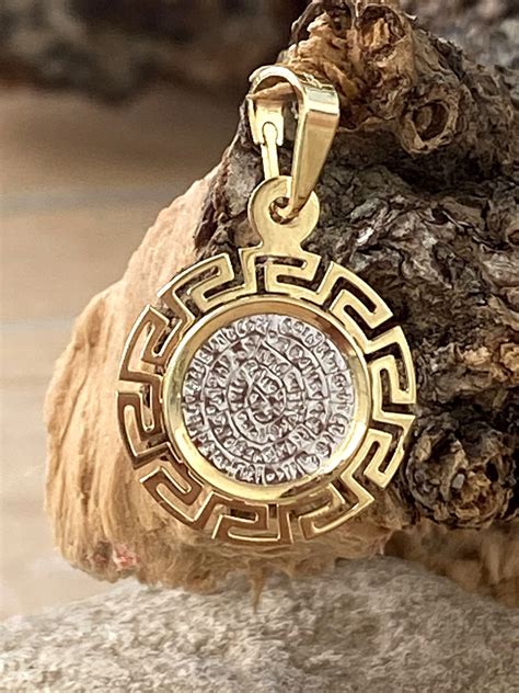 Greek Pendant 14k Yellow White Solid Gold Phaistos Disc Meander 18mm