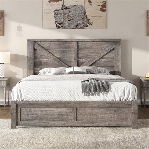Papajet Queen Size Farmhouse Bed Frame With Barn Door Headboard Wood