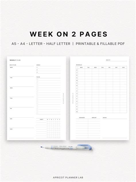 week on 2 pages printable planner insert a5 a4 letter half letter with fillable pdf artofit