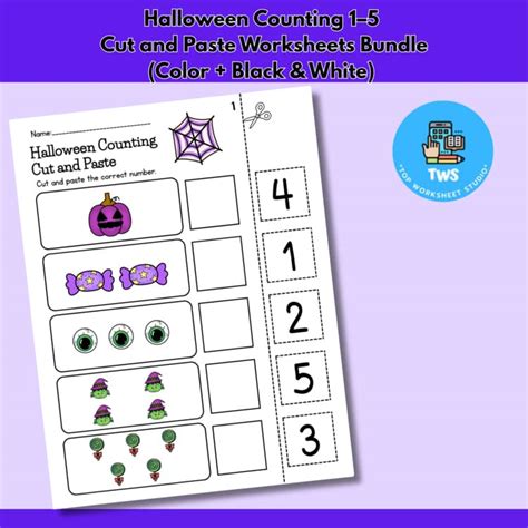Halloween Counting 1 5 Cut And Paste Worksheets Bundle Color Black